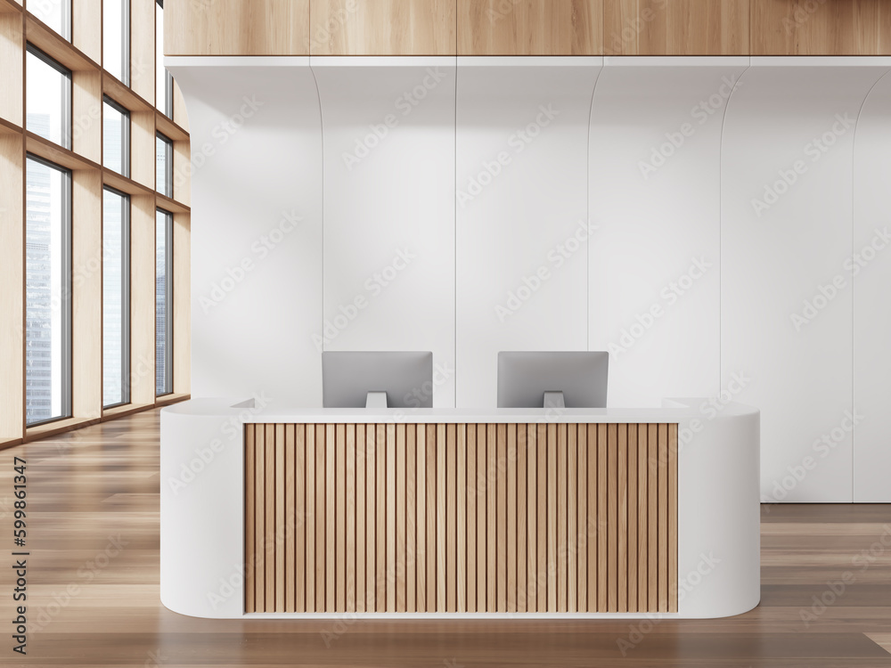 Office interior desk with reception desk and panoramic window, empty ...