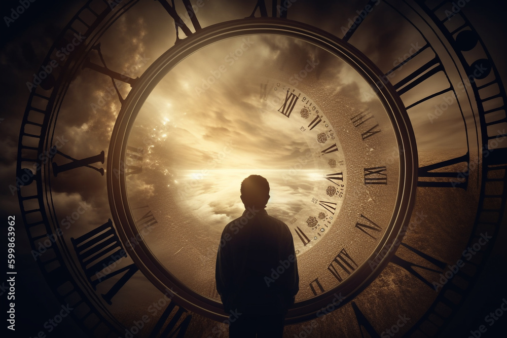 Abstract concept of time passing by. Human silhouette and old clock ...