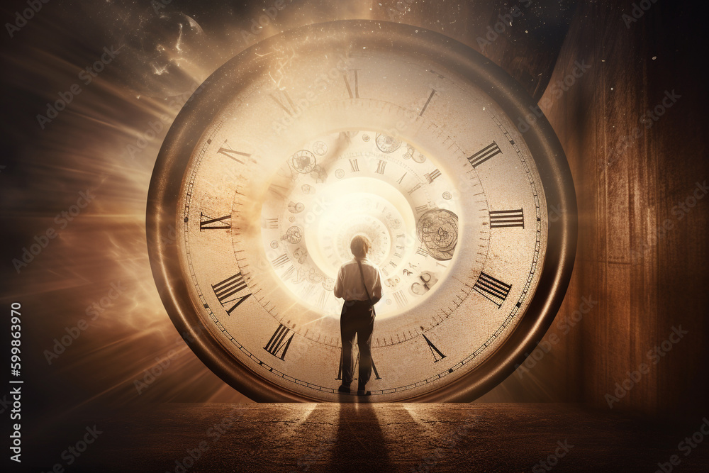 Abstract concept of time passing by. Human silhouette and old clock ...