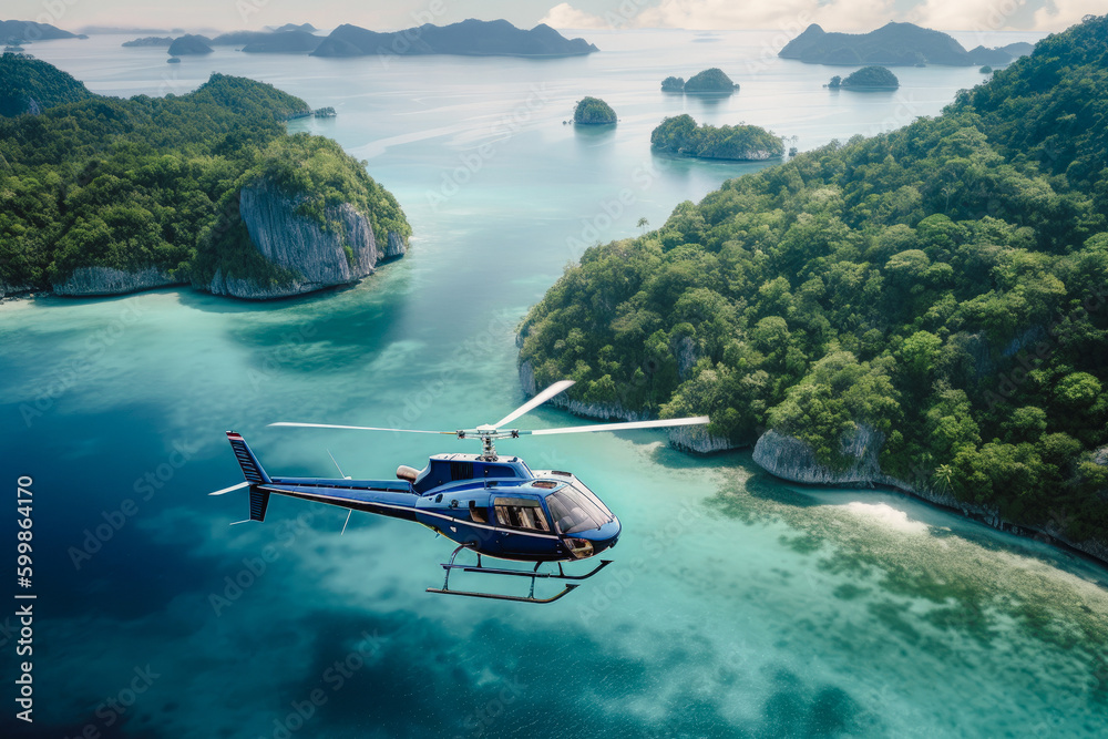 Aireal top view of a helicopter flying over a picturesque island in the ...