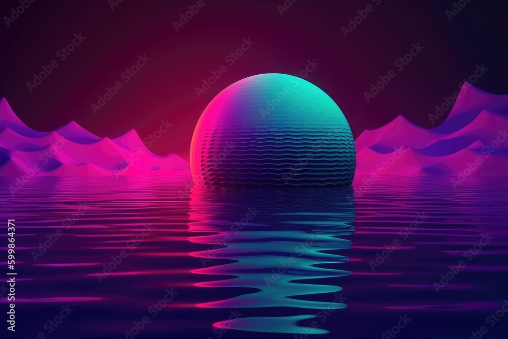 Moon ray image floating in a lake in neon color palette style with ...