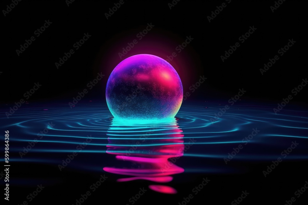 Moon ray image floating in a lake in neon color palette style with ...