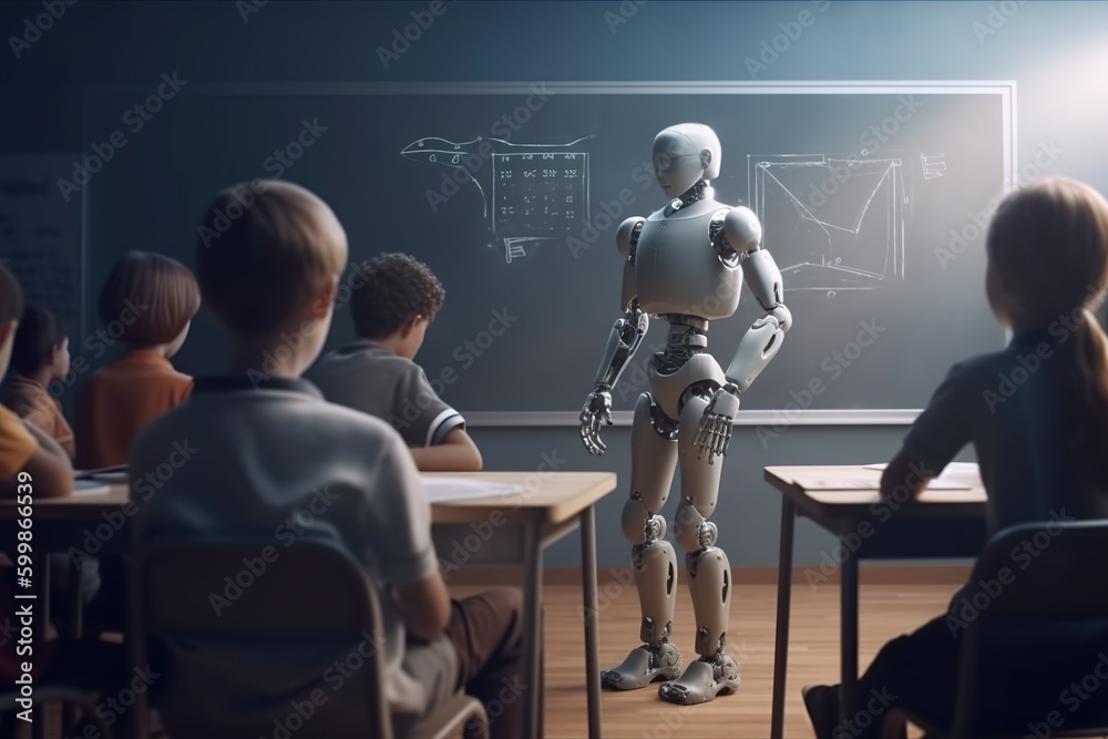 AI replacing teachers. Futuristic robot working in school classroom ...