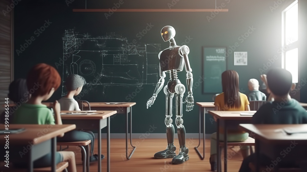 Robot teacher replacing human, working in school classroom, standing ...
