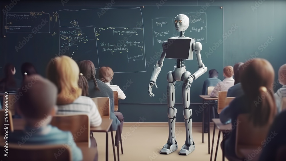 Robot teacher replacing human, working in school classroom, standing ...