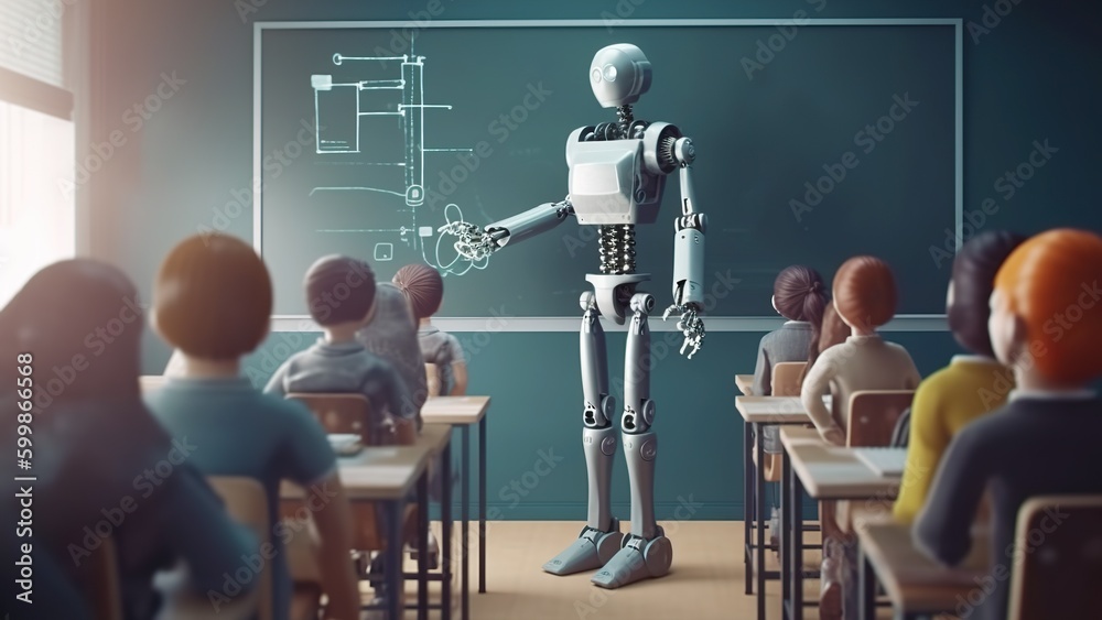 AI replacing teachers. Futuristic robot working in school classroom ...