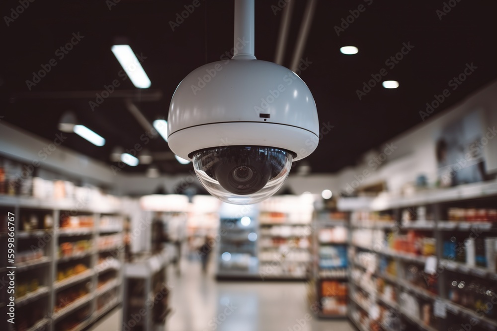 Cctv camera in supermarket, security or surveillance system in the ...