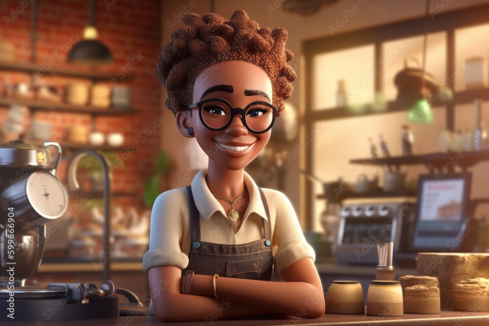 3D cartoon illustration of smiling african american female barista ...