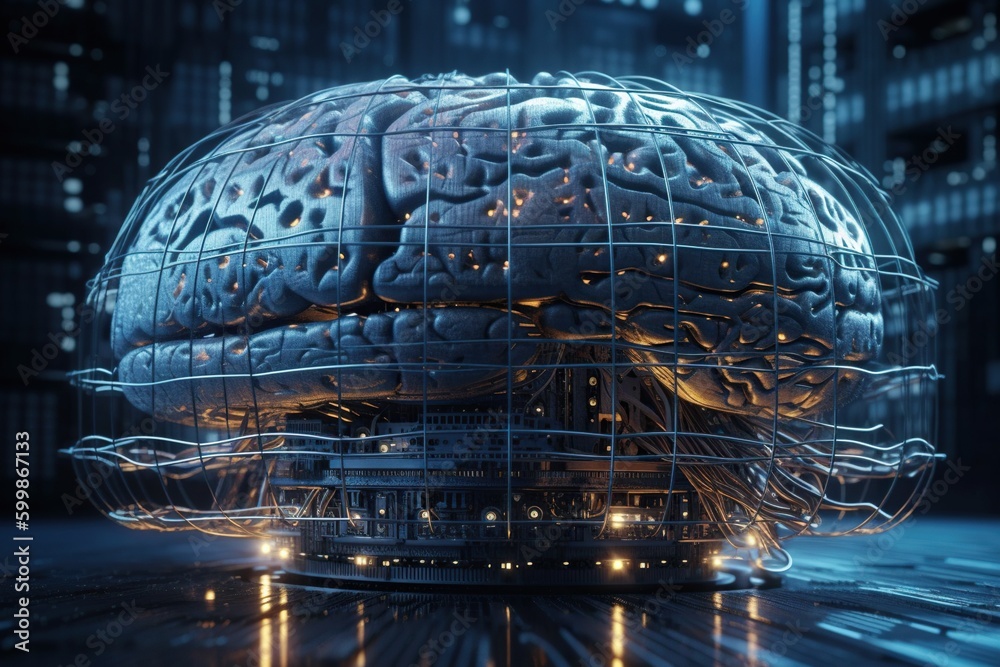 Big brain as quantum computer in futuristic data center. Generative AI ...