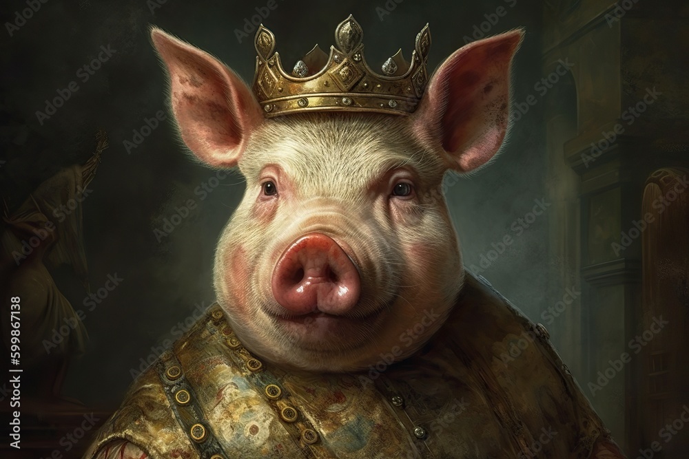 Renaissance portrait of anthropomorphic medieval pig queen wearing ...