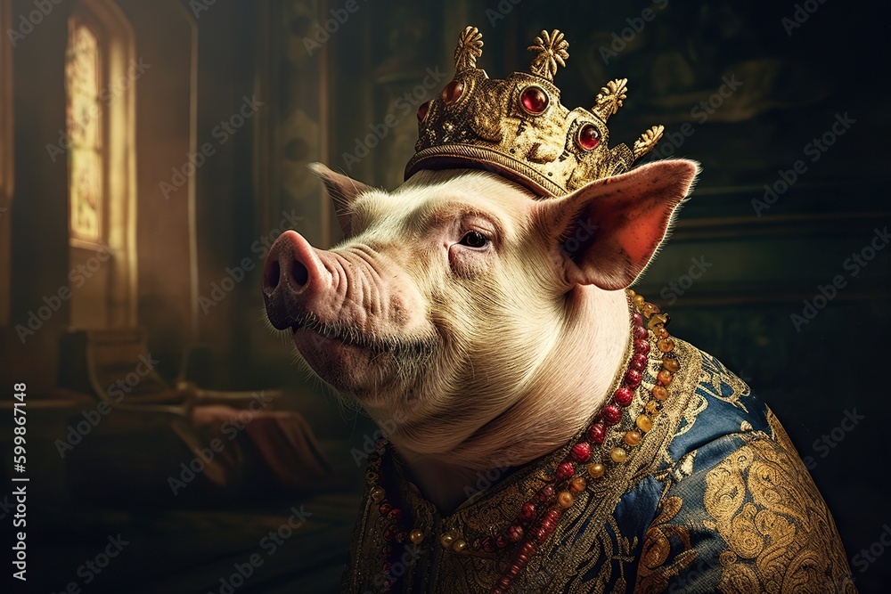 Renaissance portrait of anthropomorphic medieval pig queen wearing ...