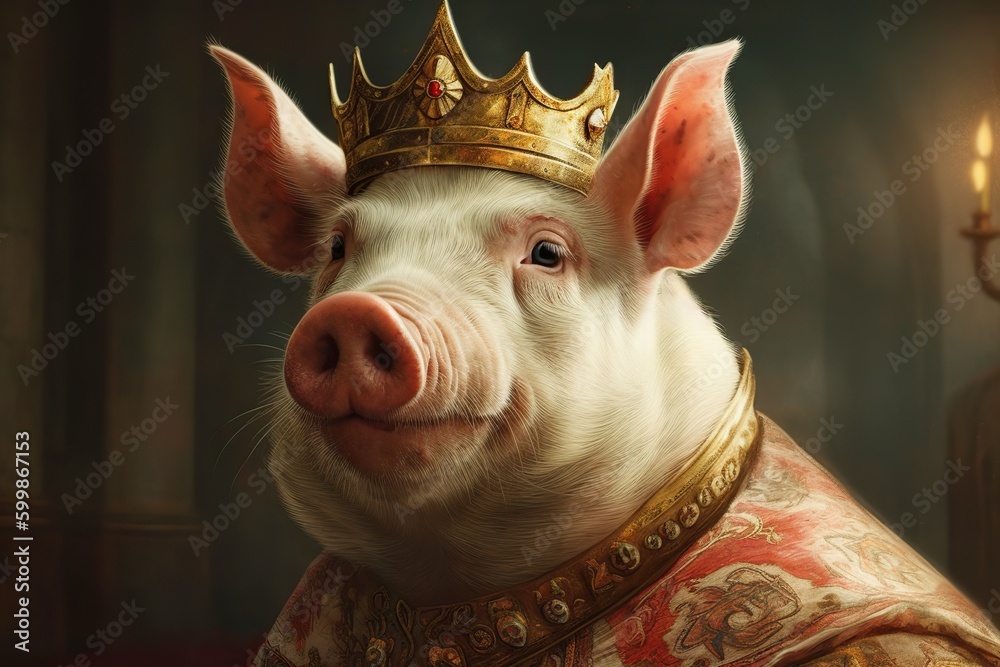 Renaissance portrait of anthropomorphic medieval pig queen wearing ...