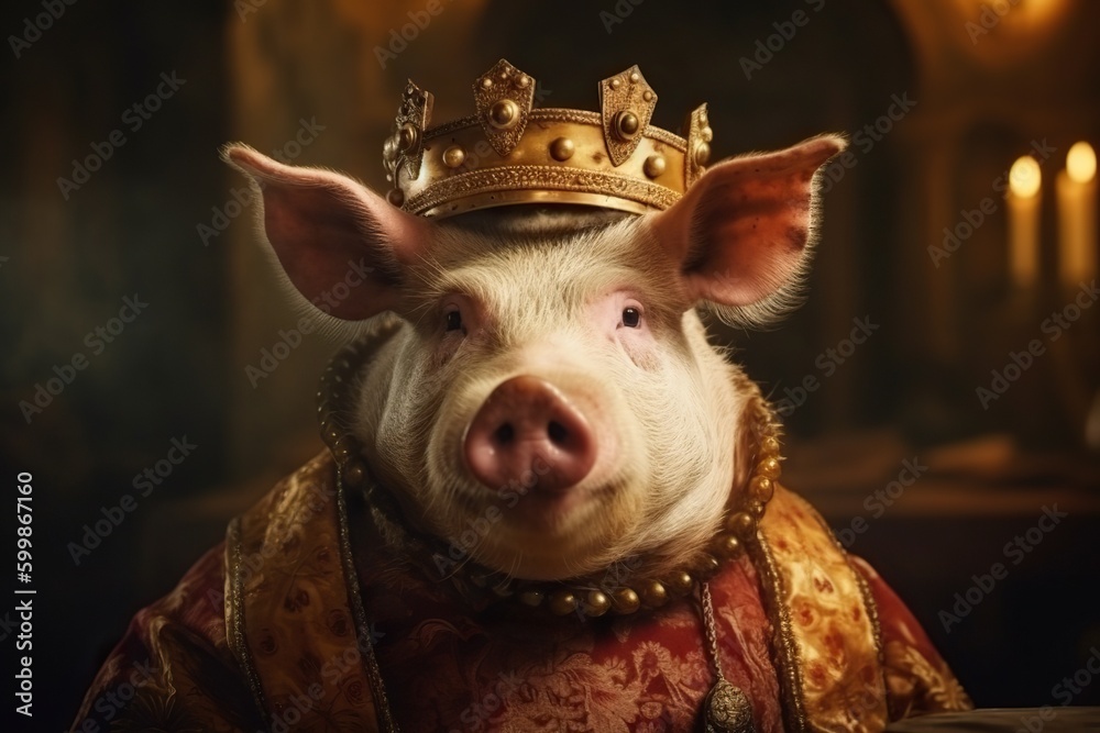 Renaissance portrait of anthropomorphic medieval pig queen wearing ...