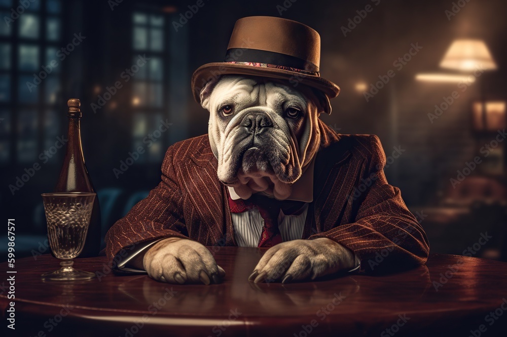 Portrait of bulldog as old mafia boss, gangster wearing vintage suit ...