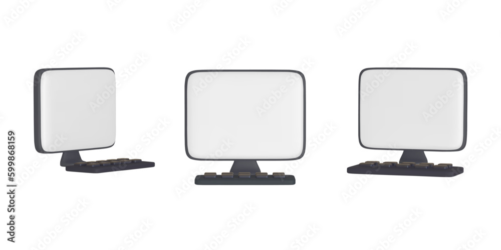 Realistic cartoon computer with keyboard mockup .Perspective computer ...