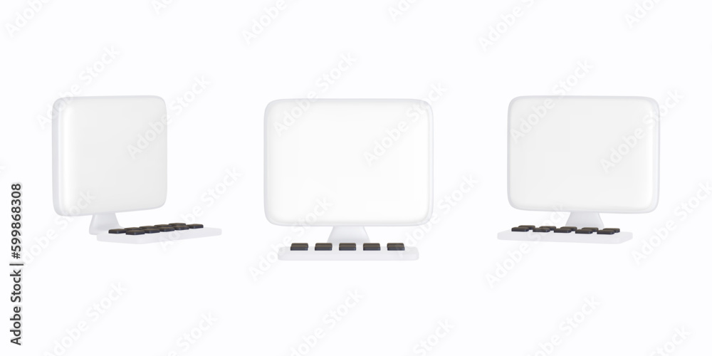 Realistic cartoon computer with keyboard mockup .Perspective computer ...