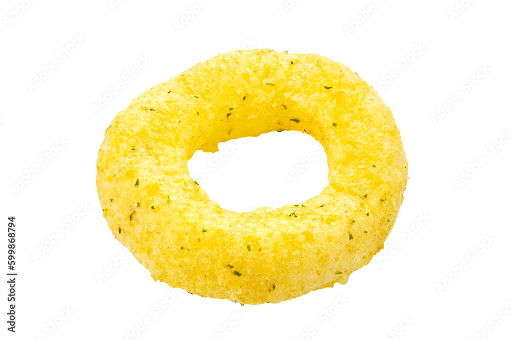 Crispy corn snack in the form of a ring. Traditional snack for beer ...
