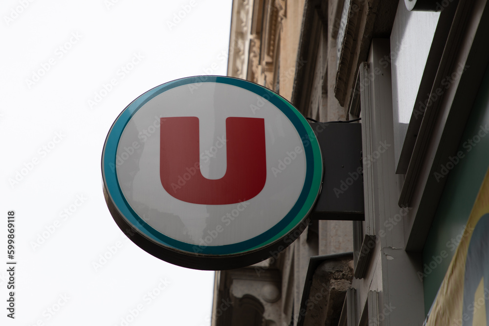 Super U logo text and brand sign facade wall supermarket u store french ...