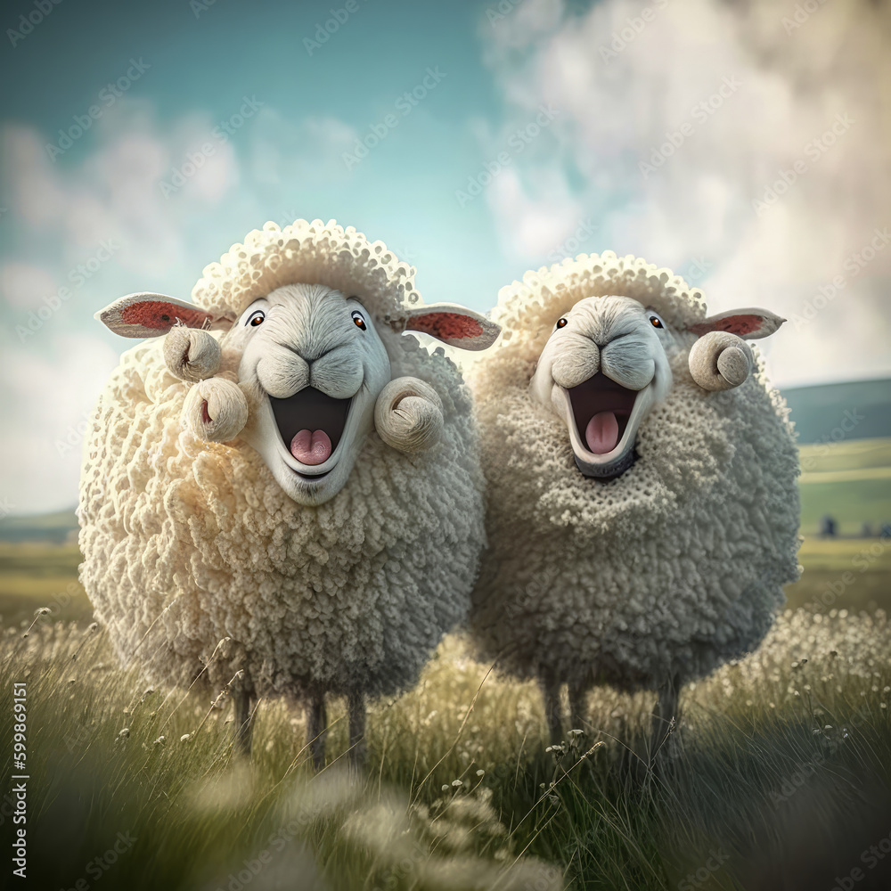 Zwei lachende Schafe auf einer Wiese im Cartoon Style, Generative AI ...