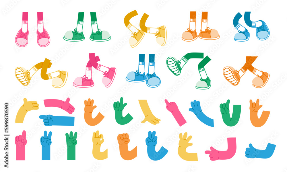 Cartoon Hands And Leg Retro Color Comic Leg In Sneakers Mascot Arm And Hand Feet In Trainers