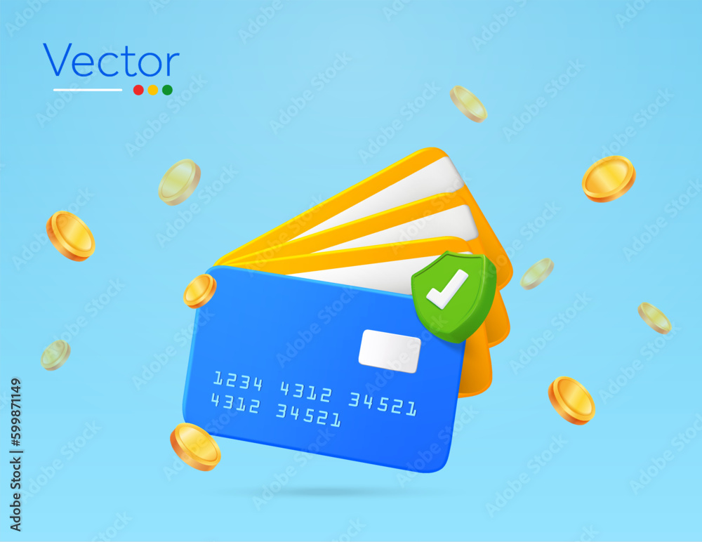 3d banking credit cards with green checkmark, flying coins around ...