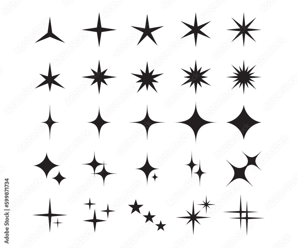 Star icons. Sparkle shape, twinkle light symbol. Glitter shine element ...
