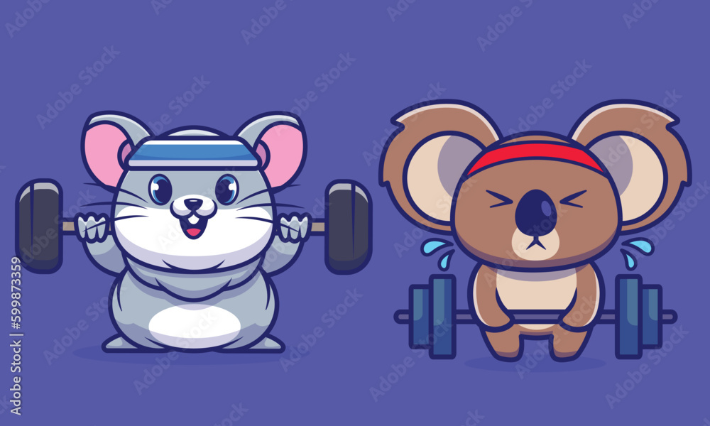 Cute mouse and koala lifting barbell cartoon icon illustration. animal ...