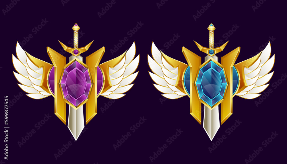 golden winged sword and shield game logo badge template Stock Vector ...