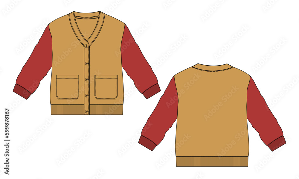 Two tone color Cardigan Technical drawing fashion flat sketch vector ...