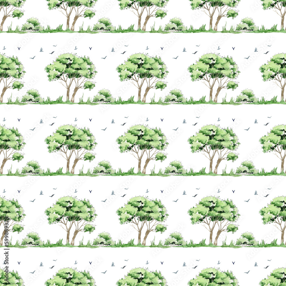 Watercolor trees seamless pattern. Green forest hand drawn background ...