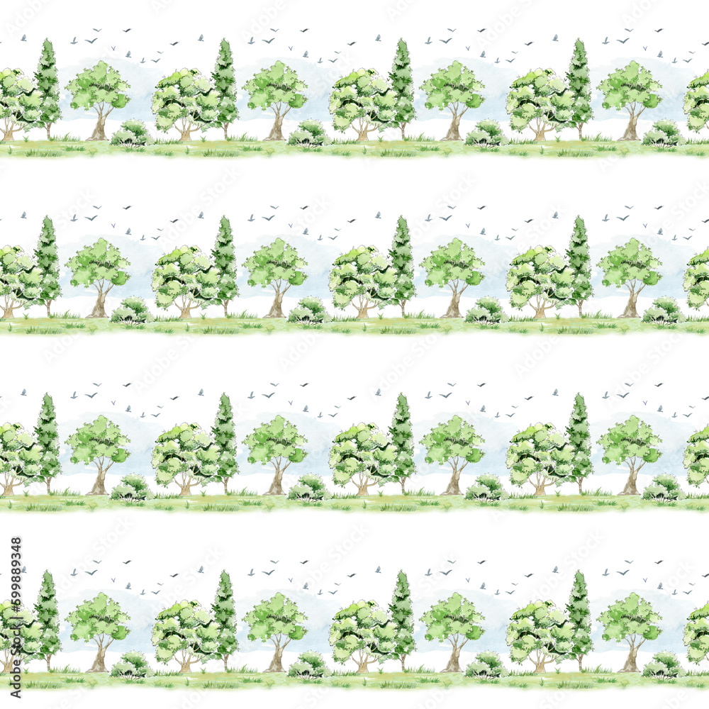 Watercolor trees seamless pattern. Green forest hand drawn background ...