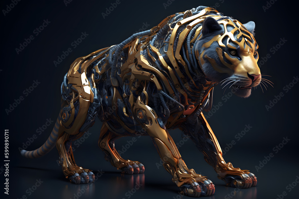 Biorobot tiger on black background , 3d ilustration , Created with ...