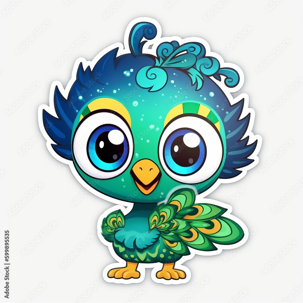 A cute chibi Peacock sticker with a white background, radiating ...