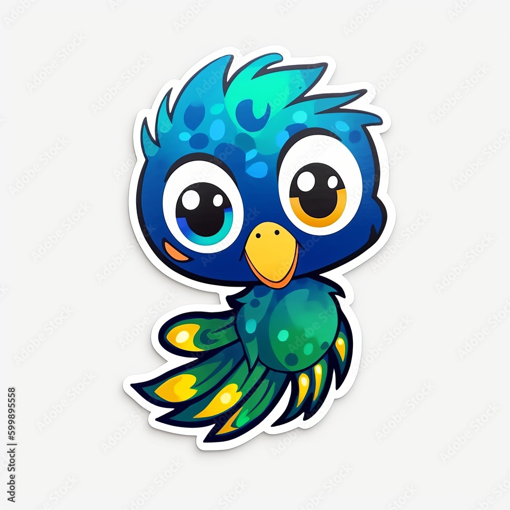 A cute chibi Peacock sticker with a white background, radiating ...