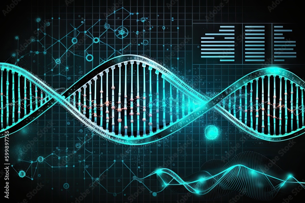 dna helix with pulses and signals on microbiological cell. Glorious ...