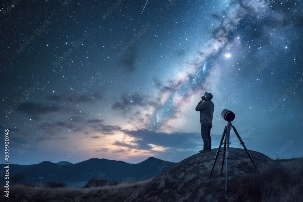Astronomer with a telescope watching at the stars and milk way, concept ...