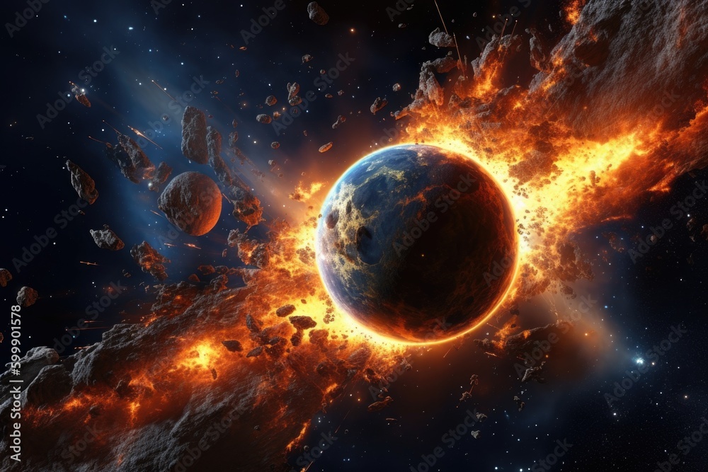Two massive planets colliding in space causing a massive explosion, Ai ...