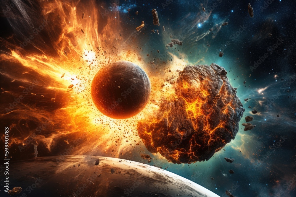 Two massive planets colliding in space causing a massive explosion, Ai ...