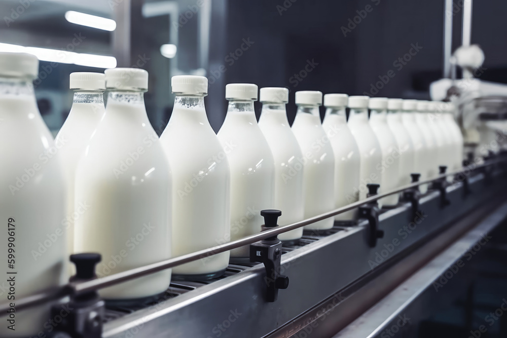 Milk factory production. Fresh Milk Bottles Moving on the Conveyor Belt ...