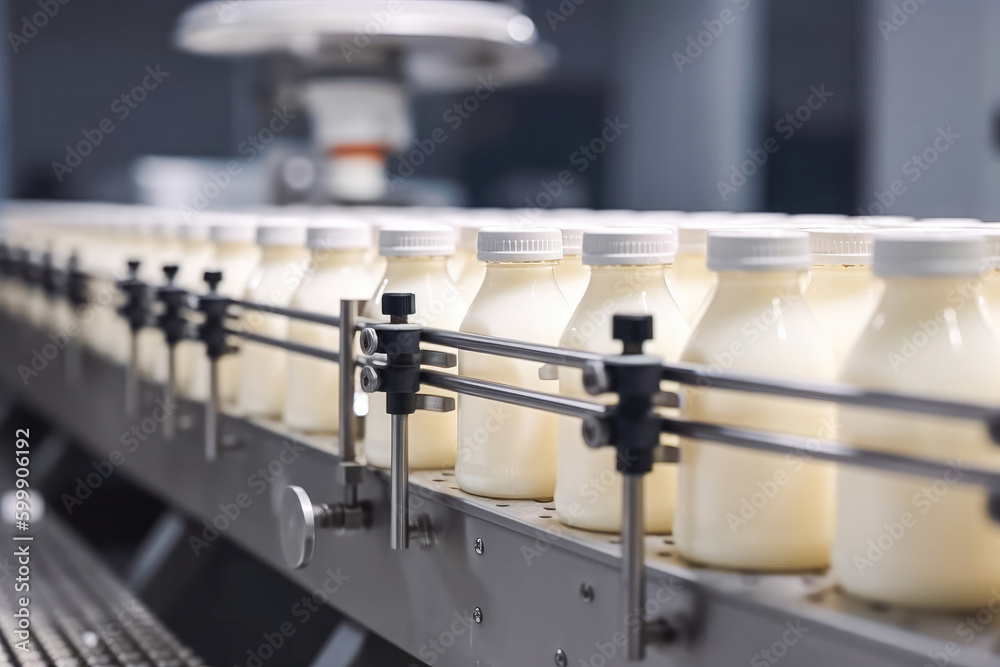 Milk factory production. Fresh Milk Bottles Moving on the Conveyor Belt ...