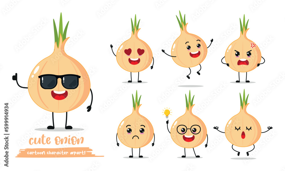 cute onion cartoon with many expressions. vegetable different activity ...
