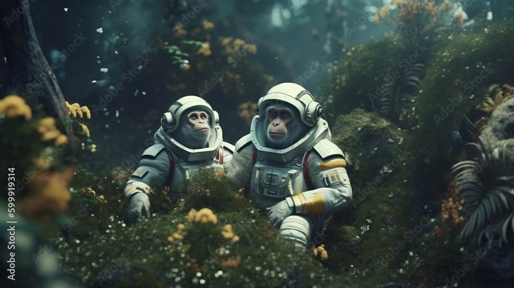 Astronaut monkey exploring in wilderness tropical botanical forest ...