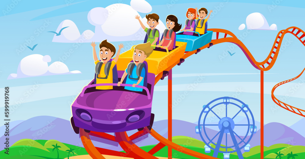 Vector illustration of people riding a rollercoaster in an amusement ...