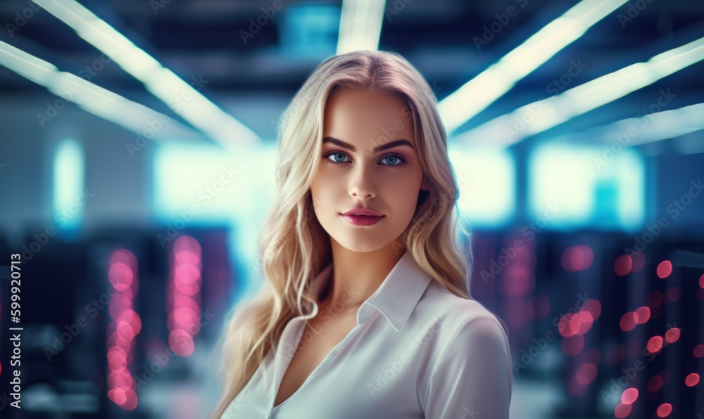 A blond IT technician poses confidently in a server room, taking a ...