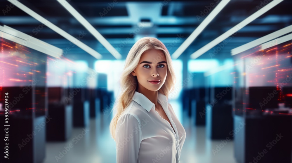 A woman stands in the hallway of a futuristic data center, overseeing ...