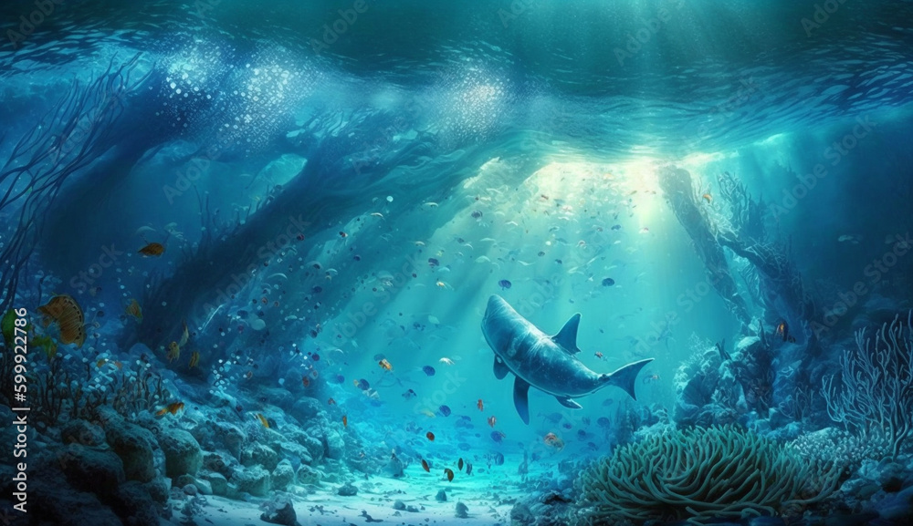 Underwater side view with fish and sharks, ocean and deep sea ...