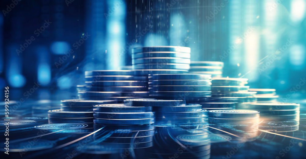 stacked coin in blue with lines and symbols on the background Stock ...