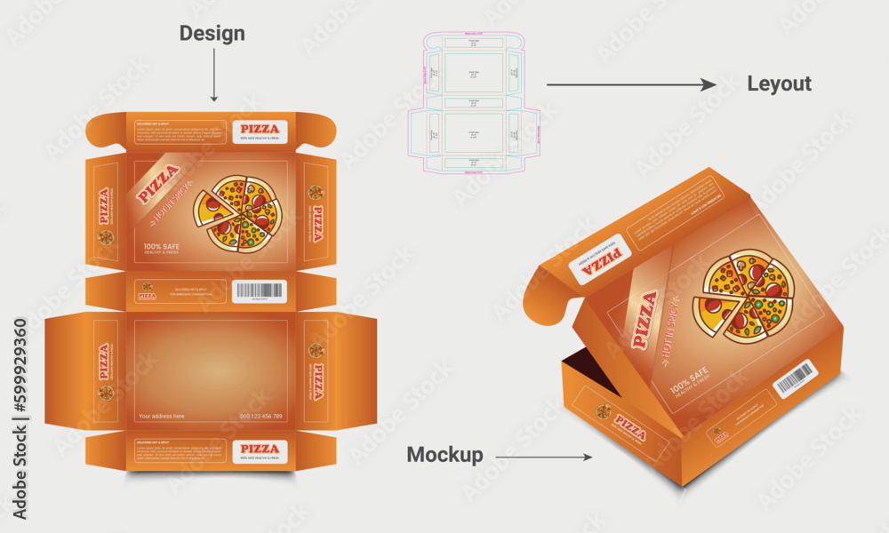 Pizza box design. Realistic fast food mockup, restaurant delivery box ...