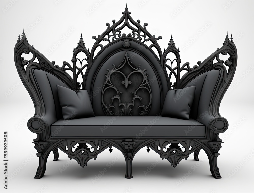 Luxury black gothic royal sofa with ornaments and black cushions isolated on a white background ...