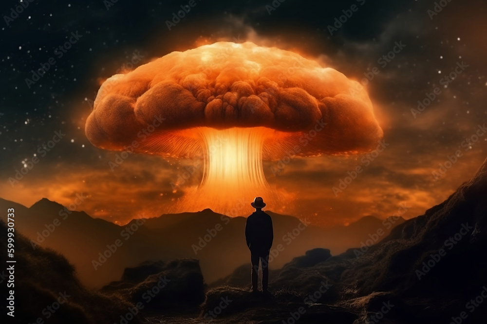 A shade of a man looking on giant explosion in mountains or the city ...